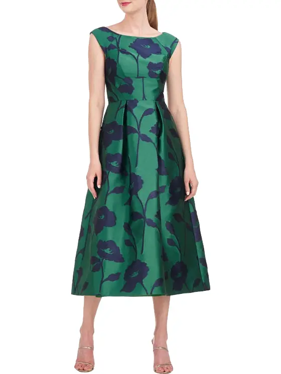 KAY UNGER Floral Jacquard A-line Dress - Emerald/navy