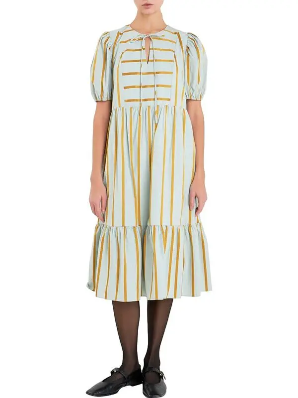 English Factory Stripe Puff Sleeve Midi Dress - Sage Multi