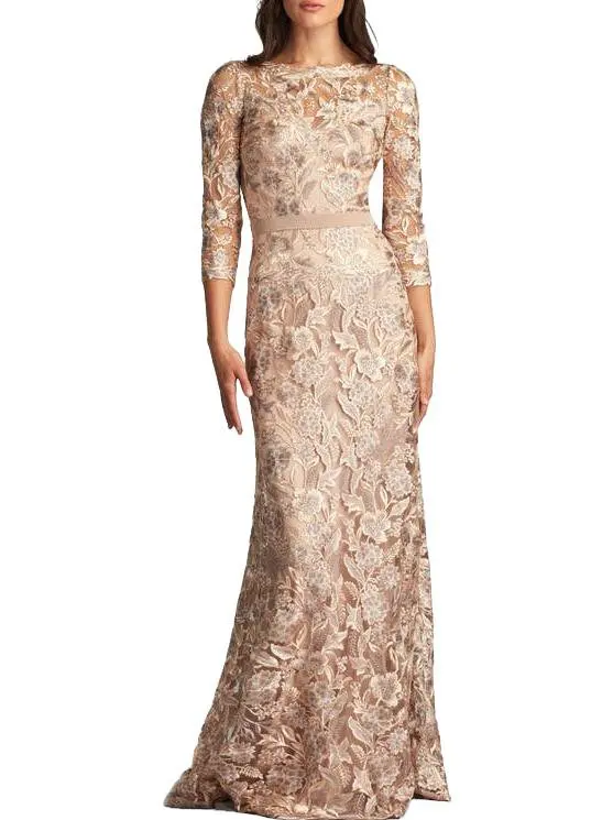 Tadashi Shoji Floral Embroidered Bateau Neck Gown - Pebble
