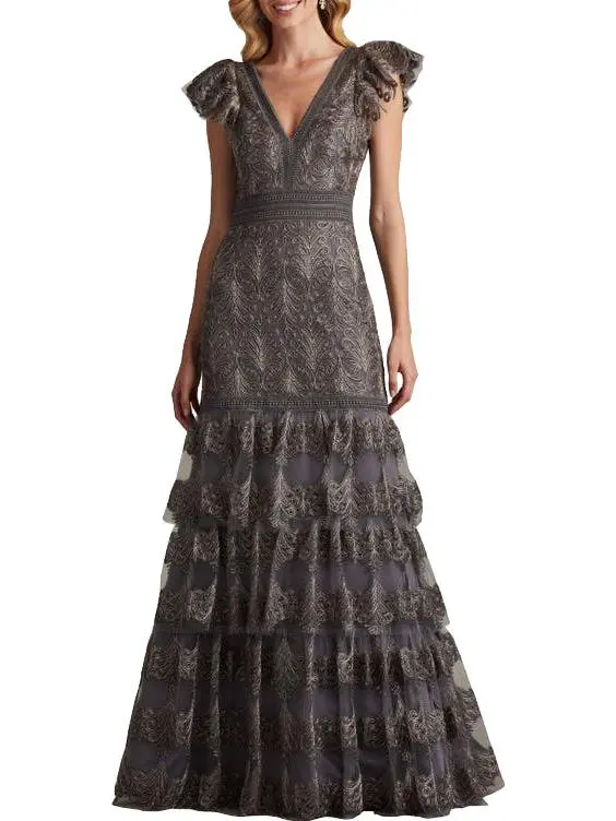 Tadashi Shoji Flutter Sleeve Tiered Gown - Dark Mist