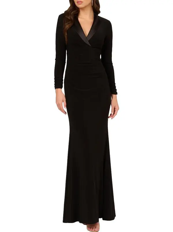 Adrianna Papell Long Sleeve Tuxedo Mermaid Gown - Black