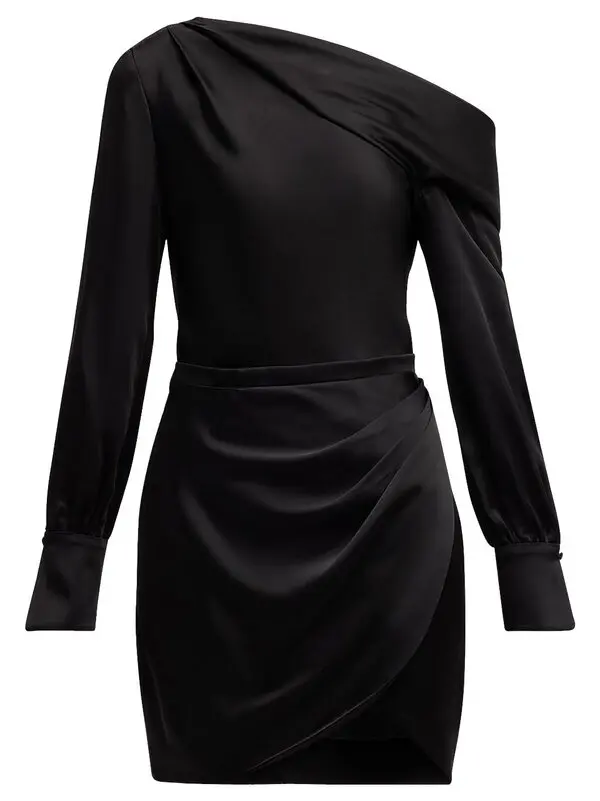 Simkhai Cameron One-shoulder Wrap-skirt Satin Mini Dress - Black
