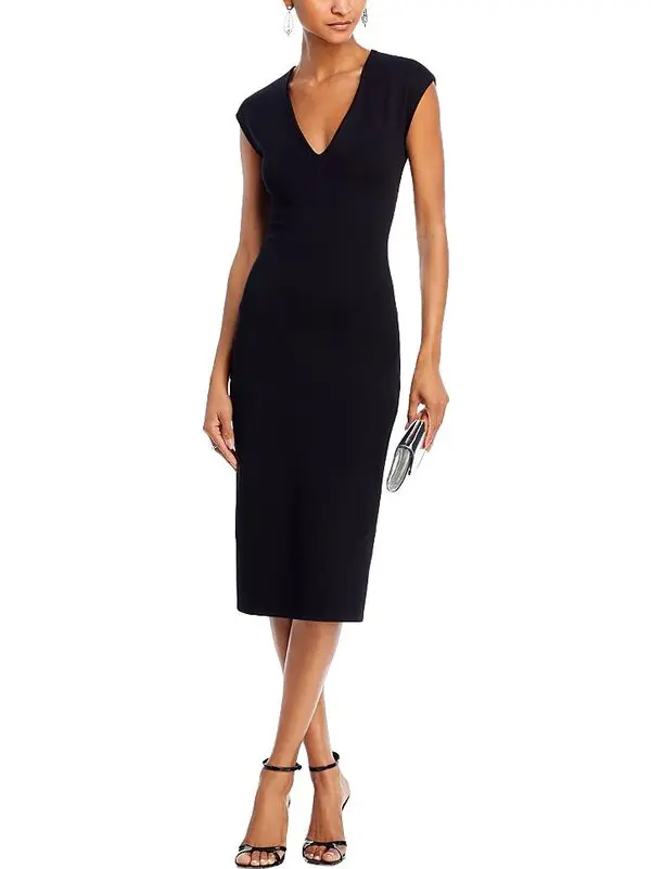 Aqua V-neck Ponte Midi Dress - Black