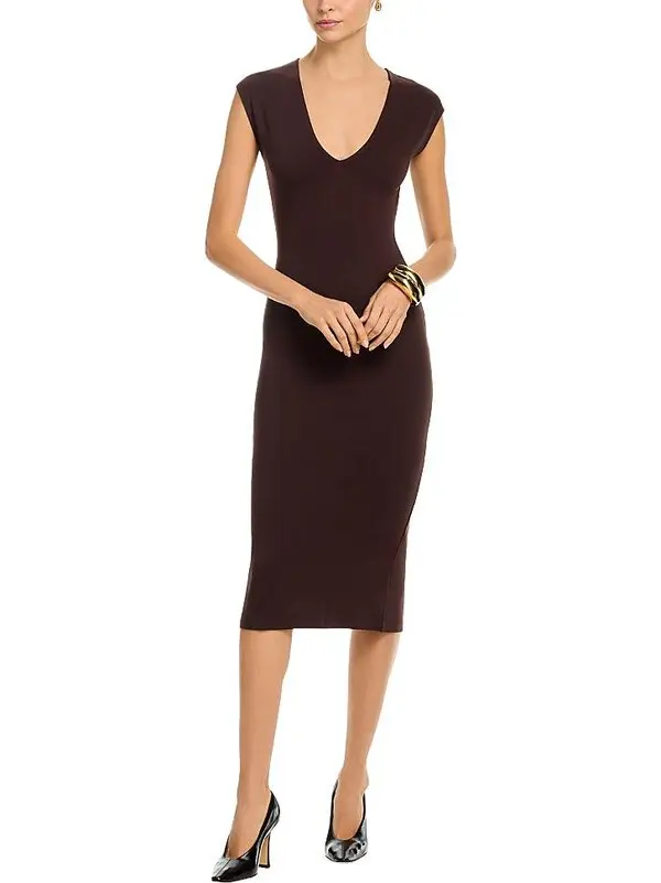 Aqua V-neck Ponte Midi Dress - Brown