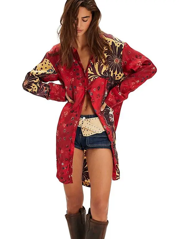Free People Rose-print Satin Button Down - Ruby Butterfly Combo