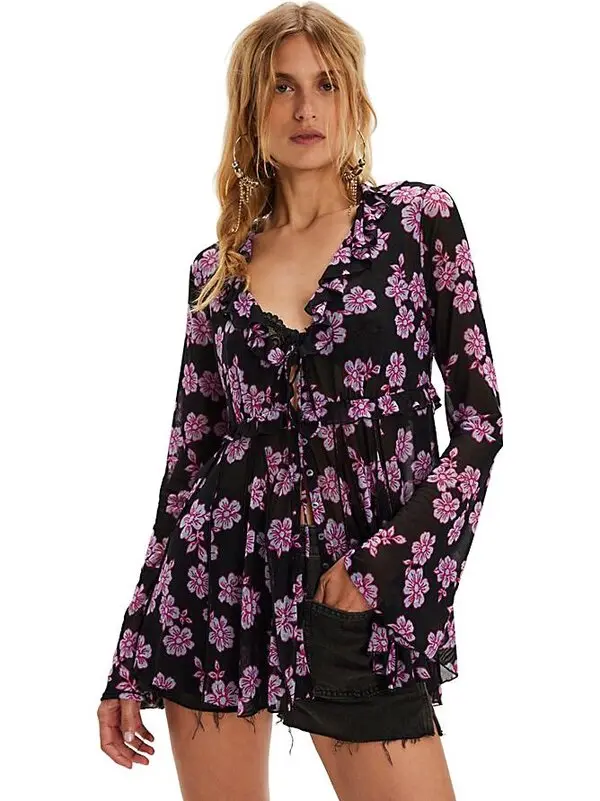 Free People Printed Tunic With Ruffle Trim - Lace Floral