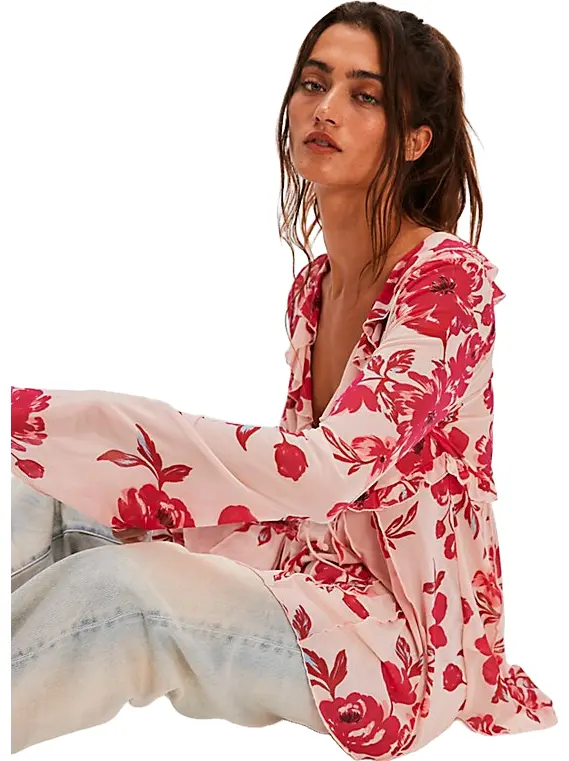 Free People Printed Tunic With Ruffle Trim - Warm Pink Combo
