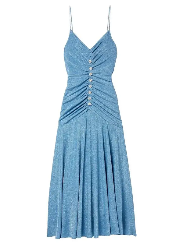 Monique Lhuillier Monique Lhuilier Crystal-embellished Ruched Metallic Stretch-jersey Maxi Dress - Light Blue