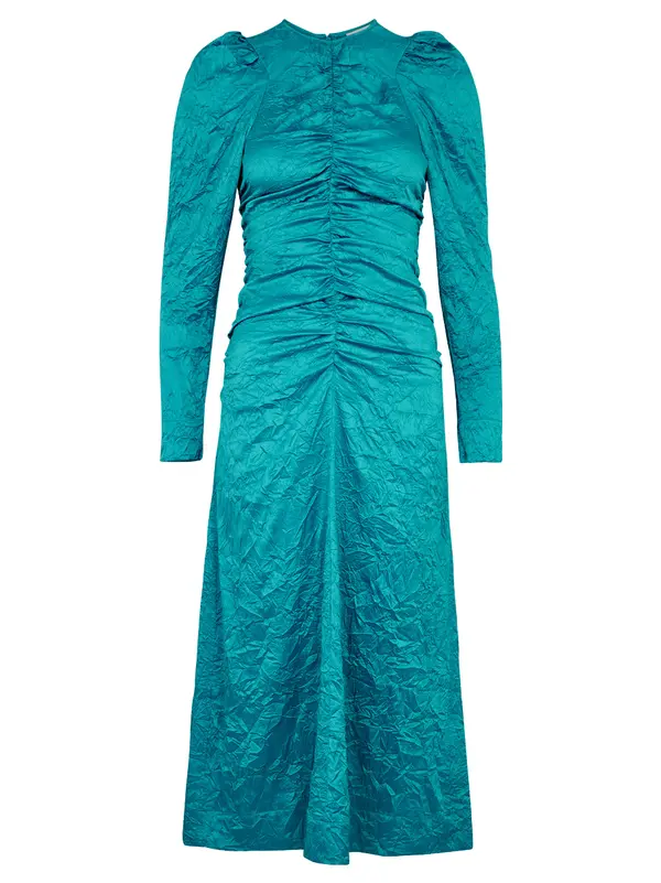 GANNI Crinkled Ruched Satin Midi Dress - Blue