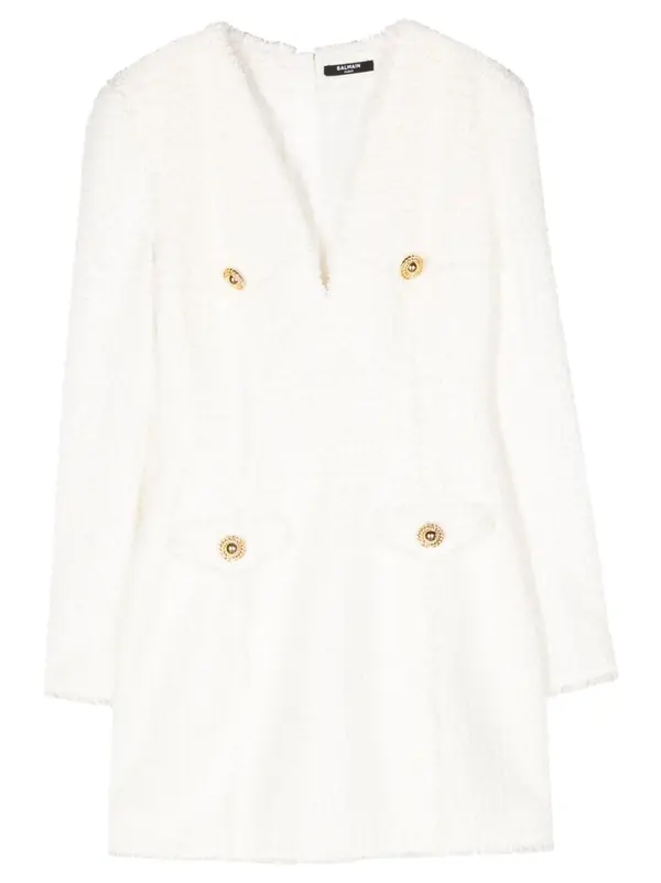 Balmain Button-embellished Tweed Minidress - White