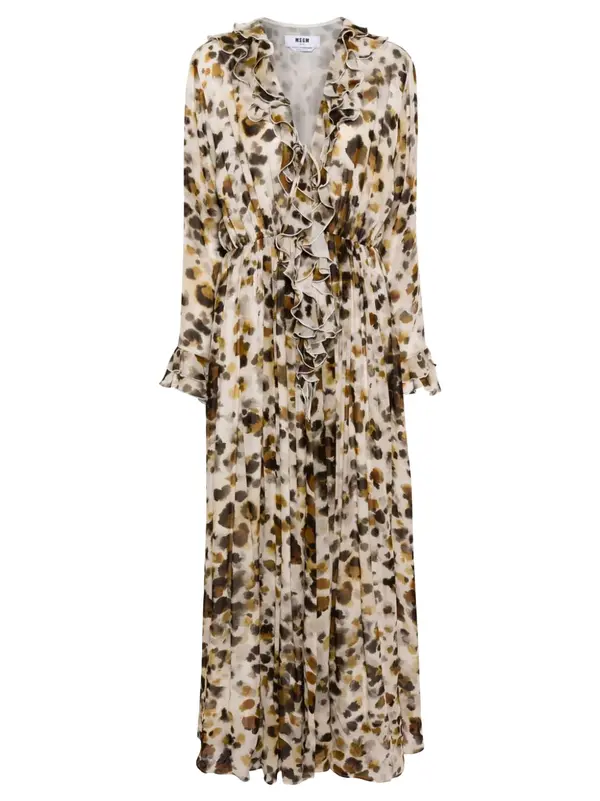 MSGM Abstract-pattern Print Ruffle-detailing Dress - Neutrals