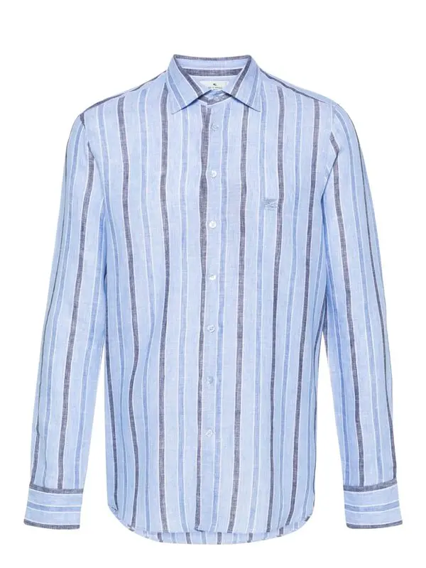 Etro Pegaso-embroidered Striped Linen Shirt - Blue