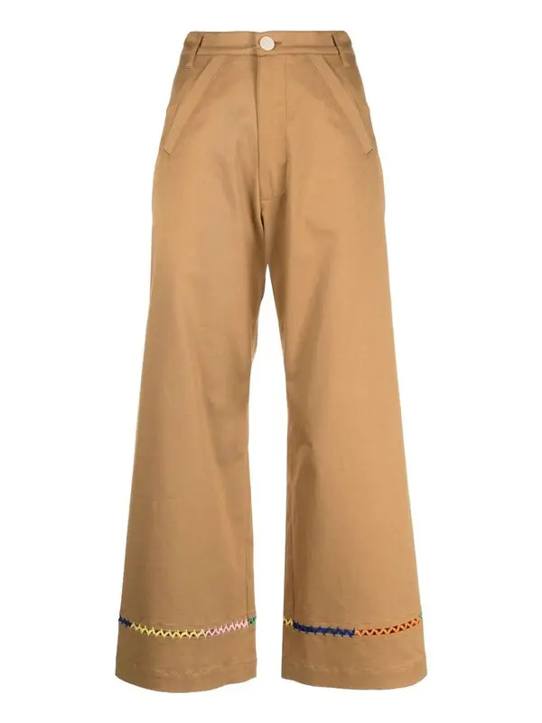 MII Crochet-trim Cotton Trousers - Brown