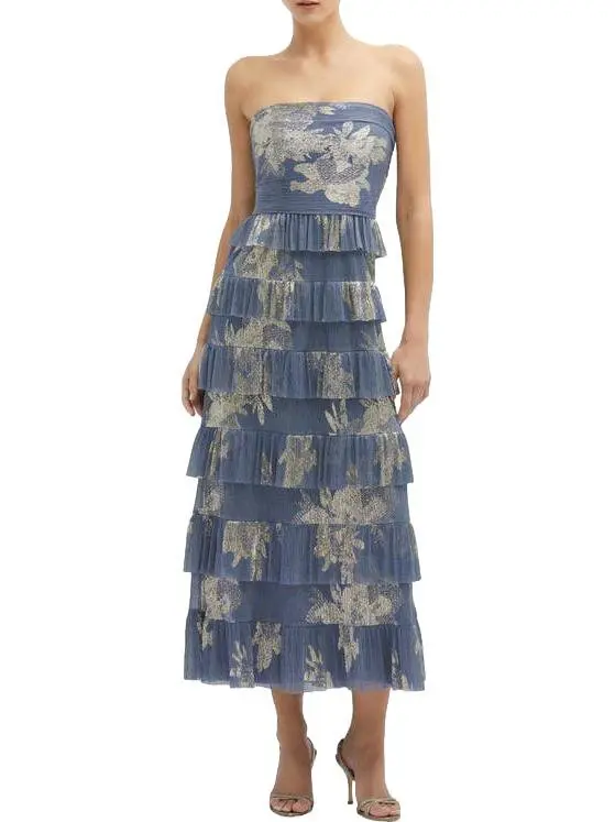 After Six Floral Print Strapless Ruffle Dress - French Blue