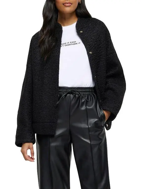 RIVER ISLAND Oversized Textured Bomber Jacket - Black