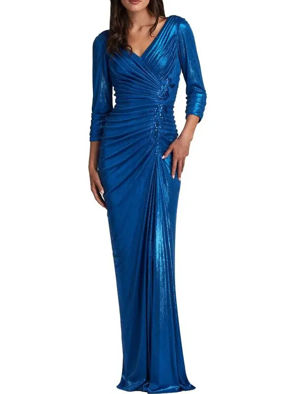 Tadashi Shoji Ruched Metallic Three-quarter Sleeve Gown - Pacific Blue