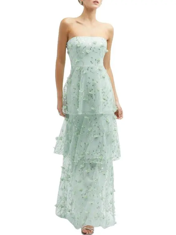 Dessy Collection Sequin Embroidered Strapless Tiered Gown - Celadon
