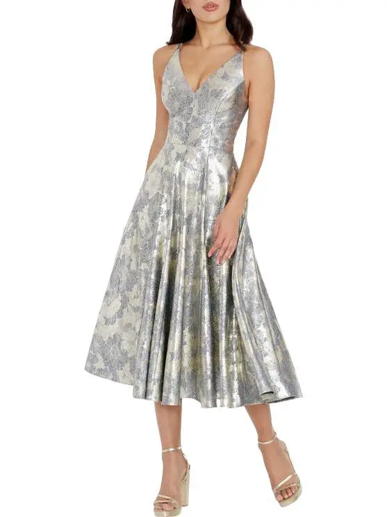 Dress The Population Delilah Metallic Floral Midi Dress - Pewter Multi