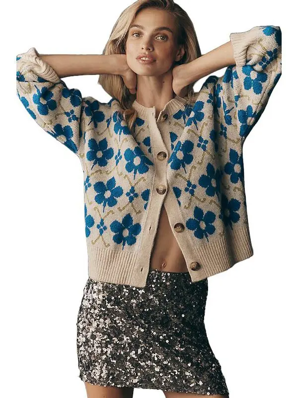 Maeve Graphic Intarsia Cardigan Sweater - Blue Floral