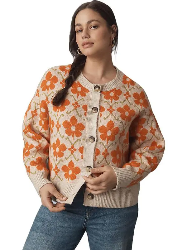 Maeve Graphic Intarsia Cardigan Sweater - Orange Pattern