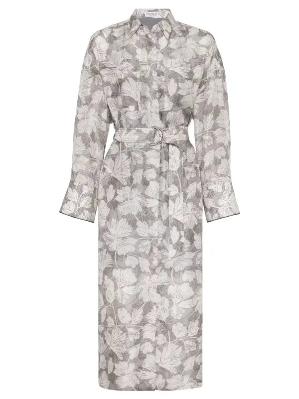 Brunello Cucinelli Leaf-print Belted Midi Dress - Grey