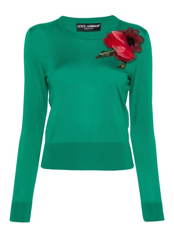 Dolce & Gabbana Floral-appliqué Silk Jumper - Green