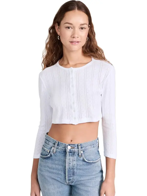 COUCOU Cropped Pointelle Cardigan - White