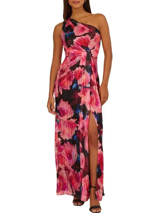 Adrianna Papell Pleated Floral One-shoulder Gown - Black/berry