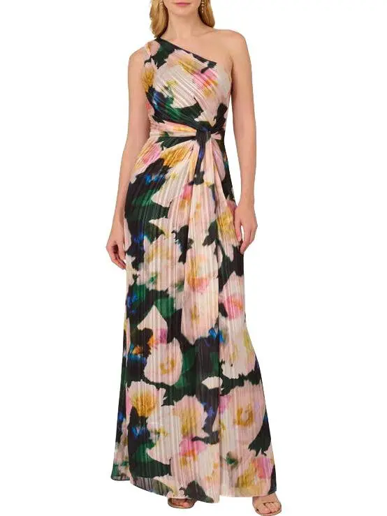 Adrianna Papell Pleated Floral One-shoulder Gown - Black/blush Multi