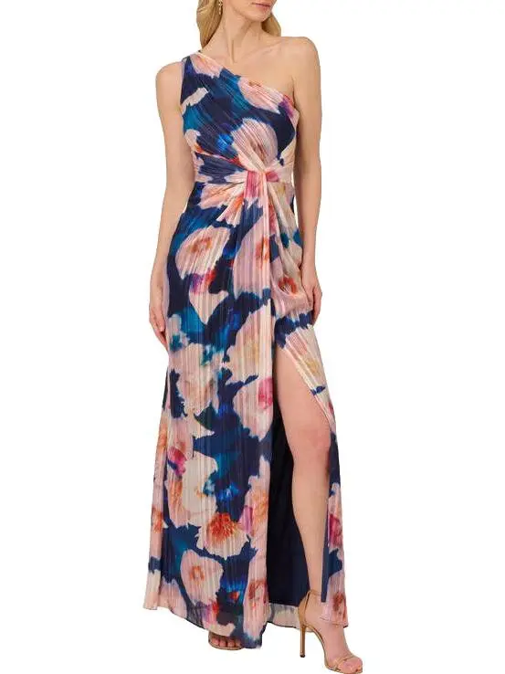 Adrianna Papell Pleated Floral One-shoulder Gown - Navy/ Blush