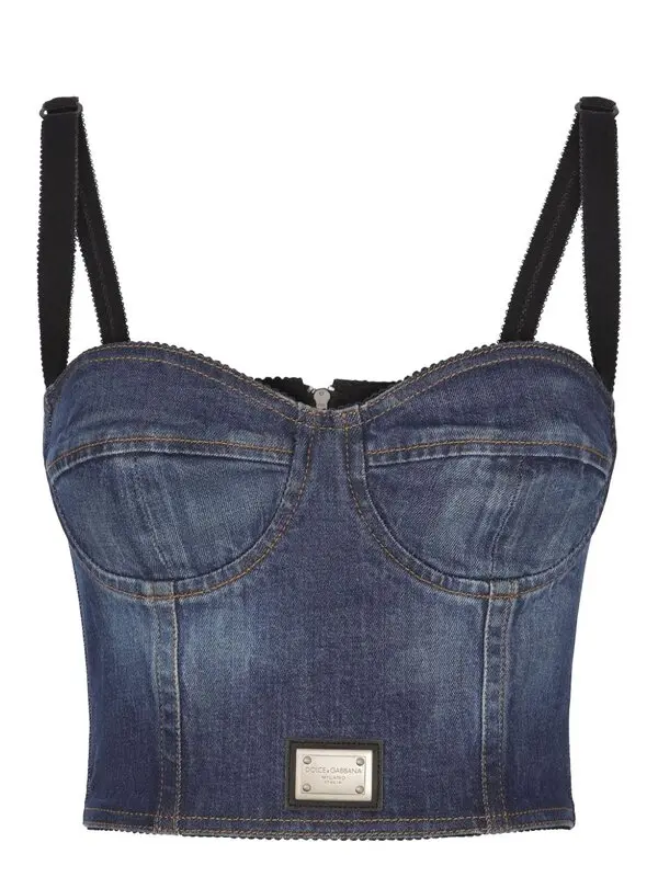 Dolce & Gabbana Logo Plaque Denim Crop Top - Blue