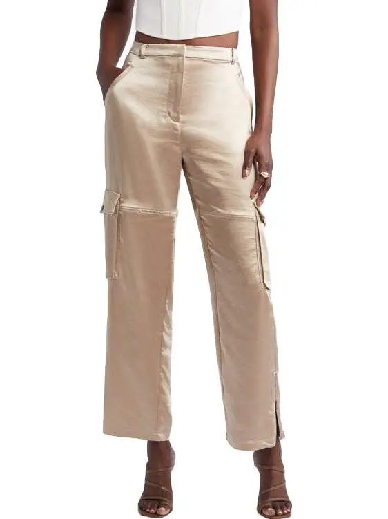 OPEN EDIT Satin Cargo Pants - Tan Oxford