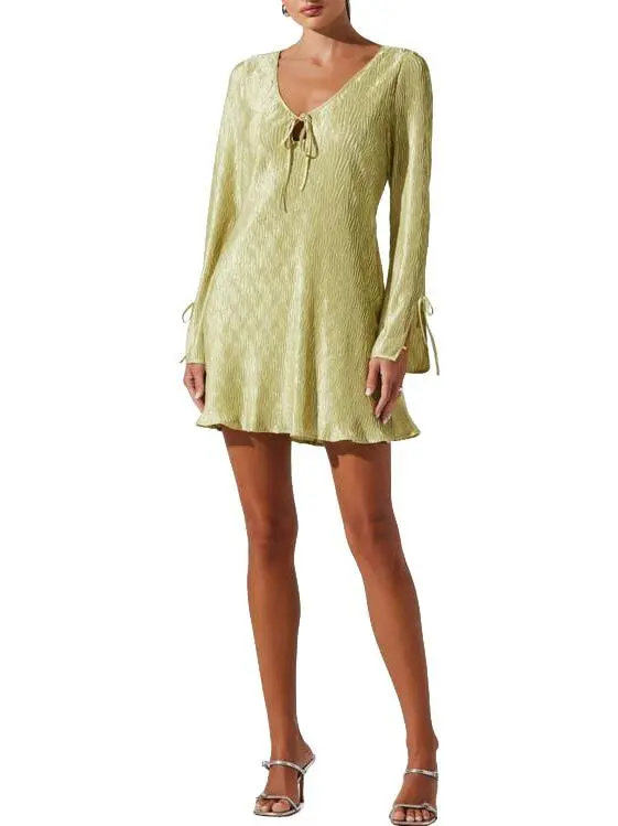 Astr The Label Long Sleeve Plissé Minidress - Celery