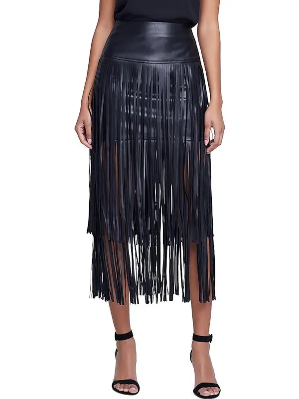 L'Agence Karolina Tiered Fringe Midi Skirt - Black