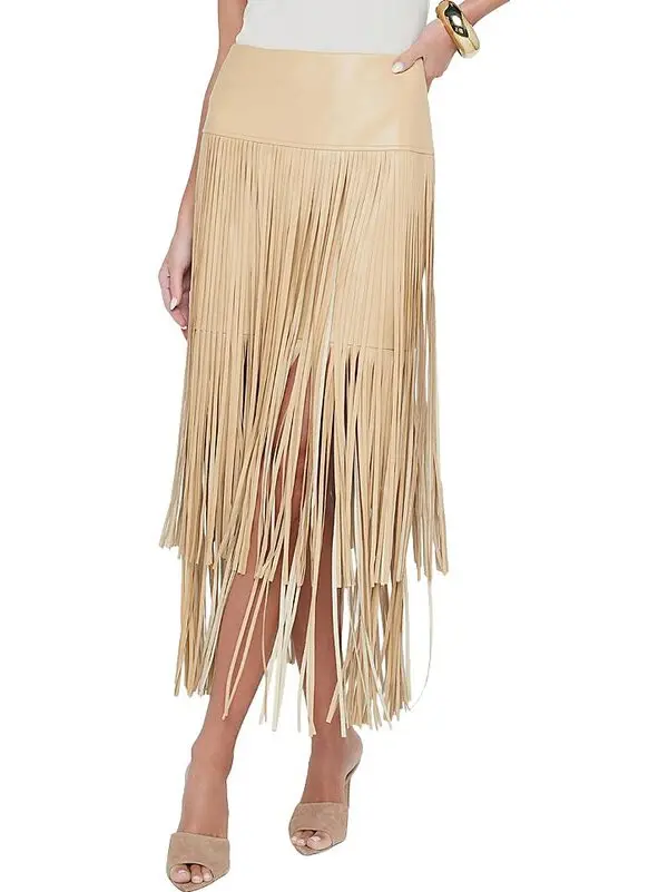 L'Agence Karolina Tiered Fringe Midi Skirt - Croissant