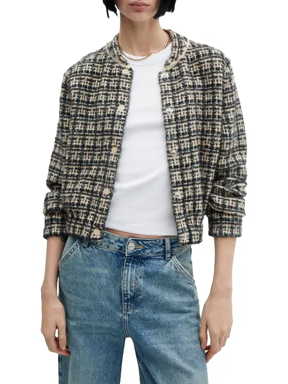 Mango Dolors Tweed Bomber Jacket - Navy