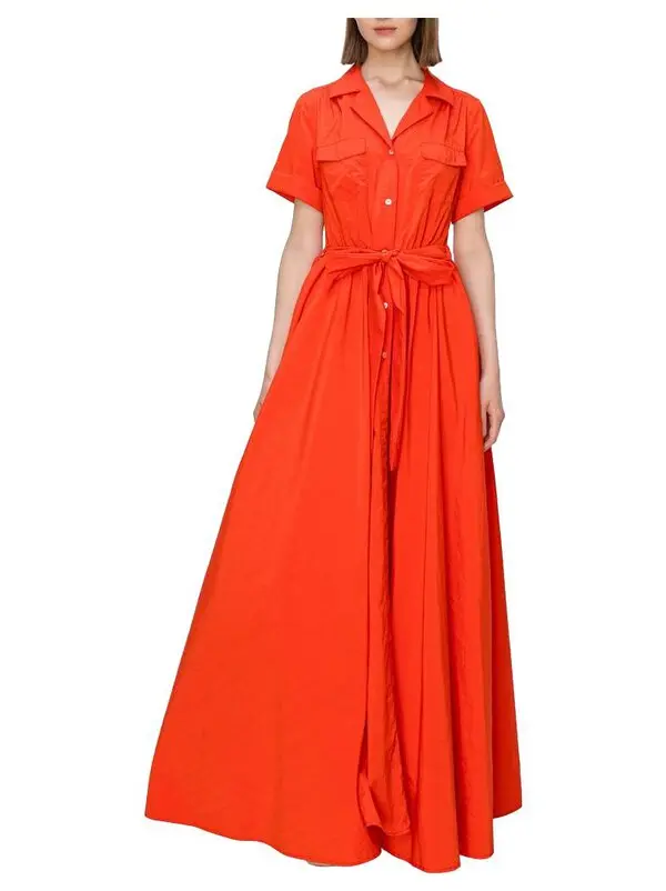 MELLODAY Tie Belt Poplin Maxi Shirt Dress - Red
