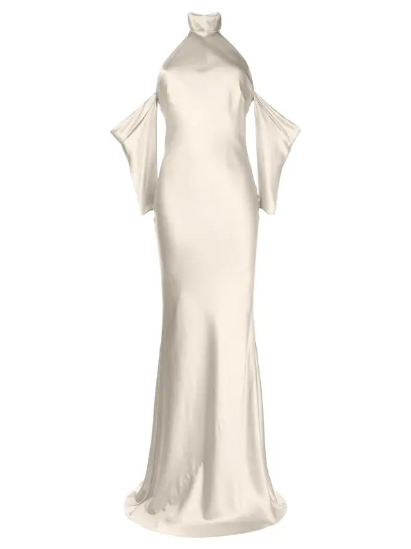 Michelle Mason Halterneck Drop-sleeve Maxi Dress - Neutrals