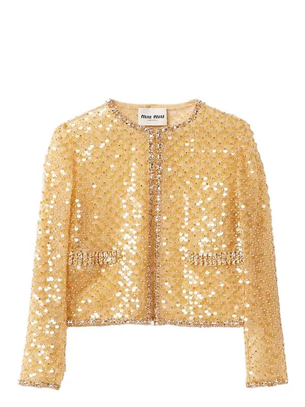 Miu Miu Sequined And Crystal Cropped Jacket - Sabbia Talco