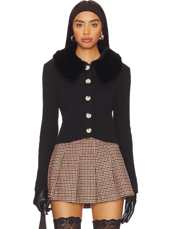 Central Park West Delilah Faux Fur Collar Cardigan - Black
