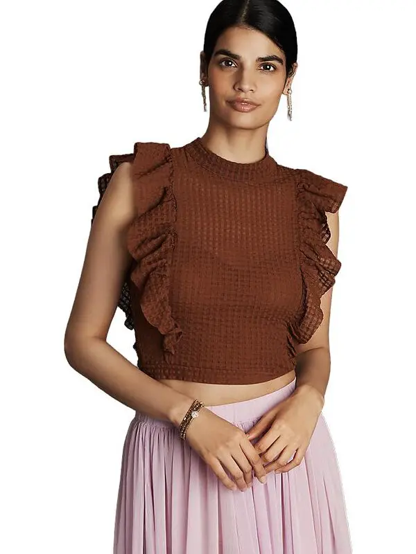 Maeve Crop Ruffle Mesh Top - Burnt Paprika