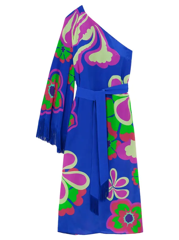 Borgo De Nor Aubrey Belted One-sleeve Floral-print Crepe Midi Dress - Blue