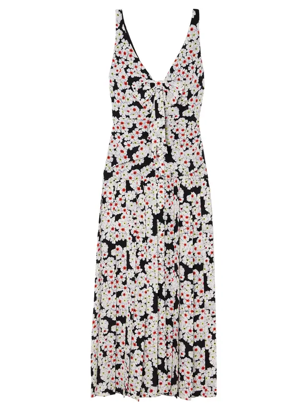 Alessandra Rich Bow-detailed Pleated Floral-print Silk Crepe De Chine Midi Dress - Black