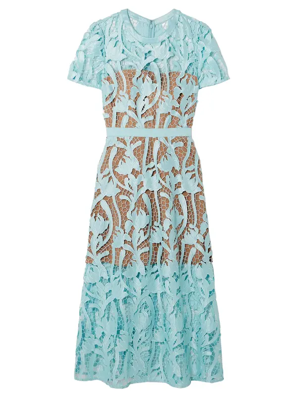 SELF-PORTRAIT Grosgrain-trimmed Embroidered Satin And Guipure Lace Midi Dress - Blue