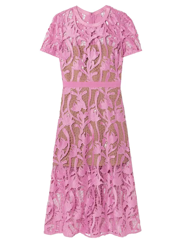 SELF-PORTRAIT Grosgrain-trimmed Embroidered Satin And Guipure Lace Midi Dress - Pink