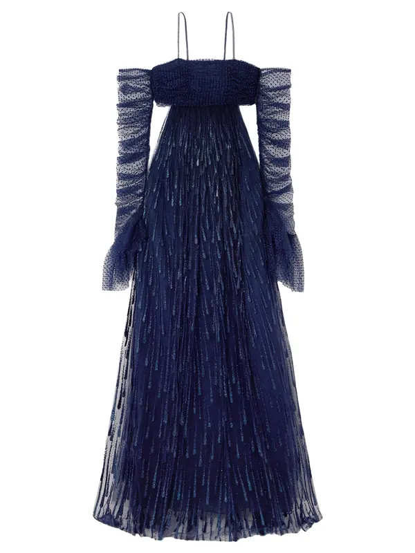 SANDRA MANSOUR Samhain Swiss-dot Tulle Gown With Gloves - Blue