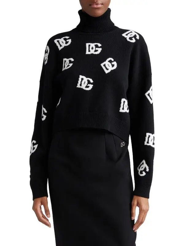 Dolce & Gabbana Logo Intarsia Crop Virgin Wool Turtleneck Sweater - Nero/bianco