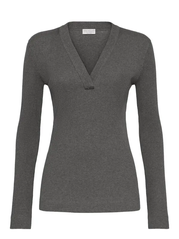 Brunello Cucinelli Fine-ribbed Jumper With Monili Chain Detail - Grey