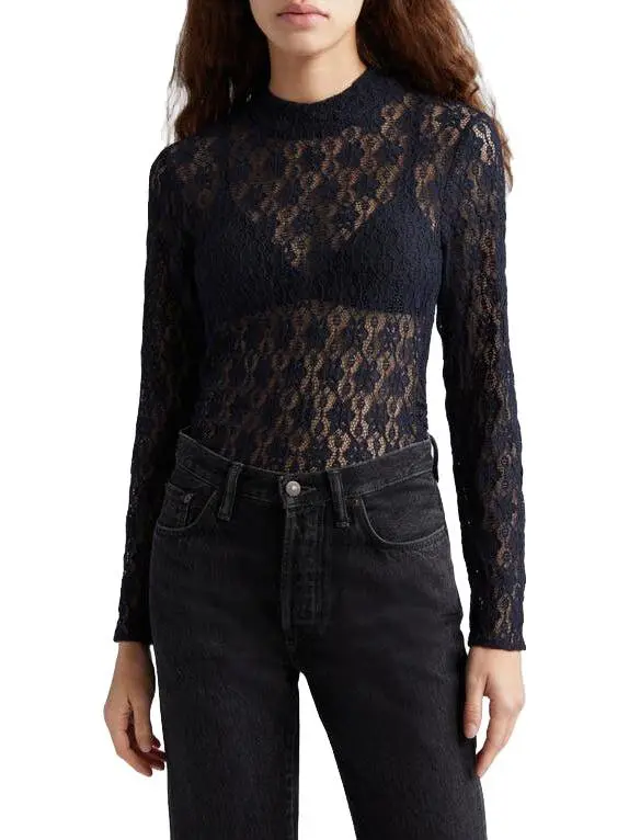 Farm Rio Lace Long Sleeve Top - Black