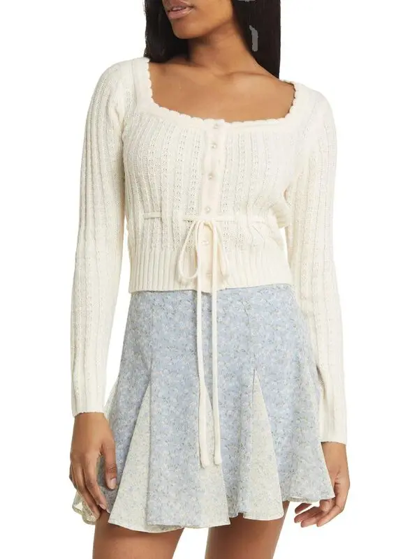 ALL IN FAVOR Drawstring Square Neck Cardigan - Cream